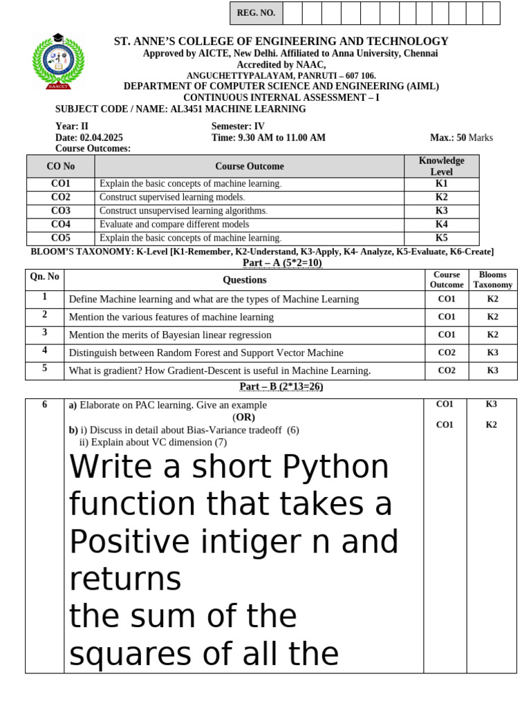 AL3451 Machine Learning Question Paper | PDF | Machine Learning ...