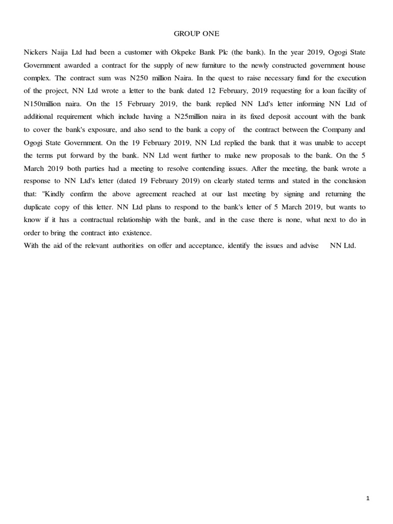 Group 1 Law of Contract Assignment | PDF | Offer And Acceptance | Banks