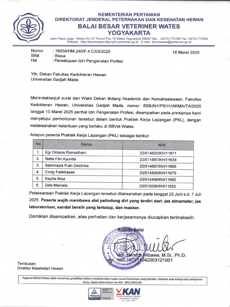 Persetujuan Pengenalan Profesi FKH Ugm | PDF