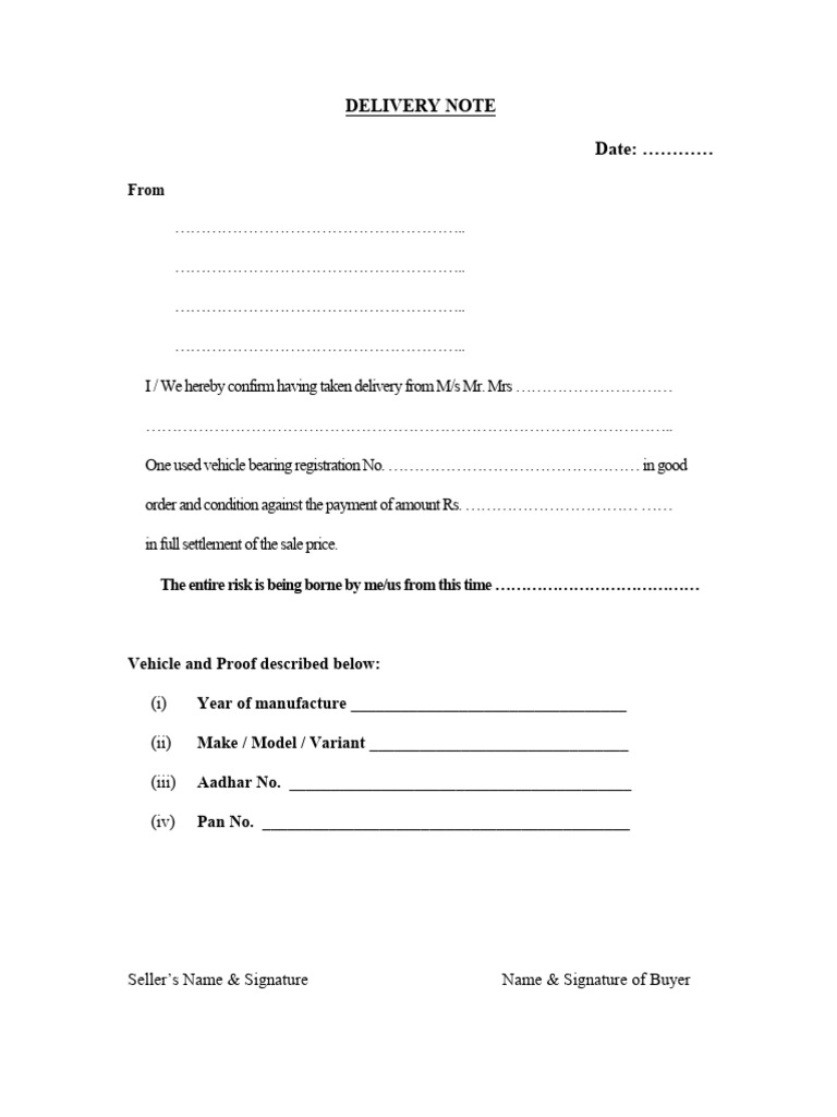 Vehicle Delivery Note Template | PDF