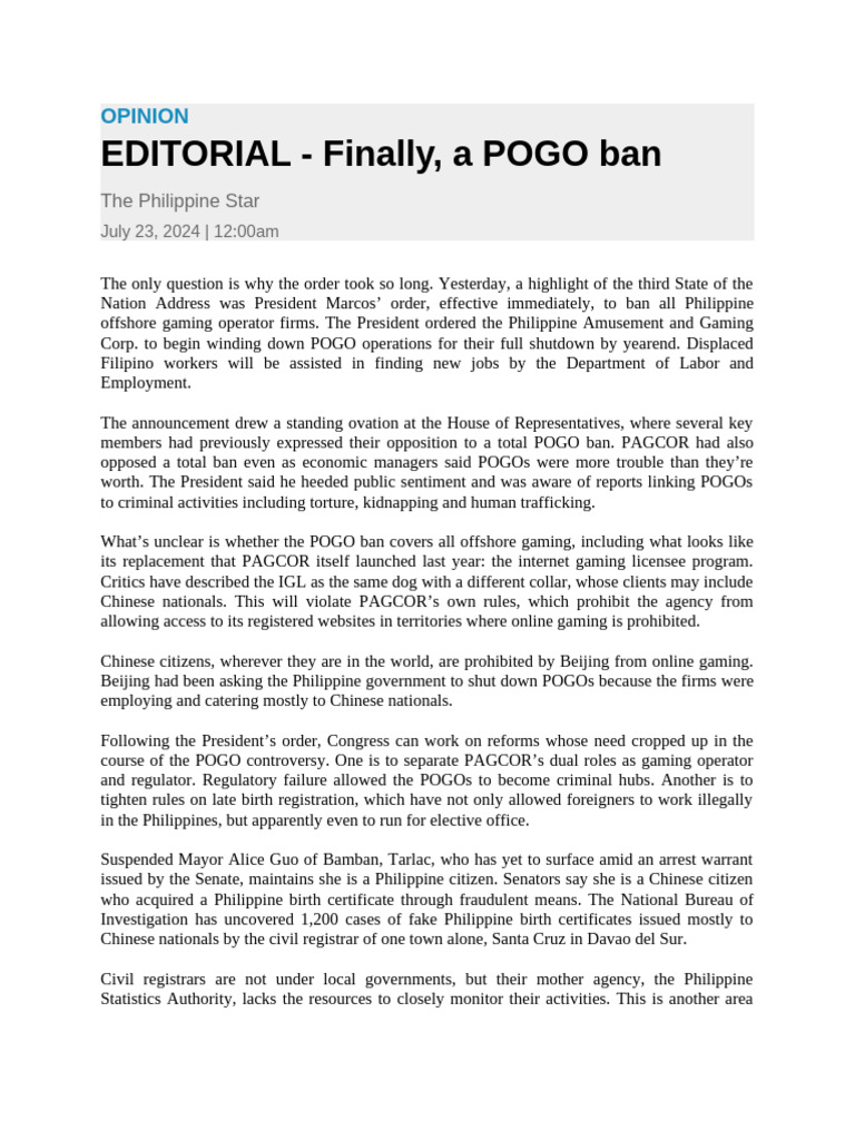 Philippines Bans POGO Operations | PDF | Human Rights | Philippines