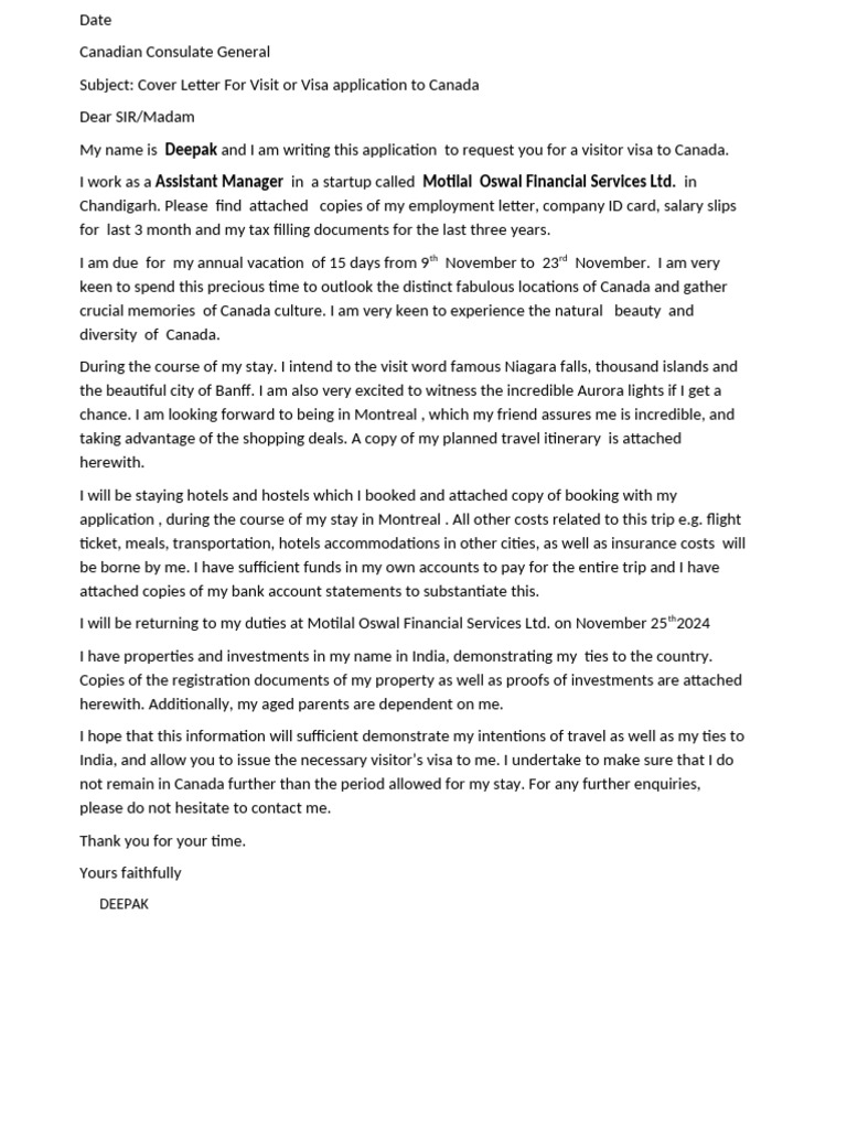 Visitor Visa Application by Deepak | PDF