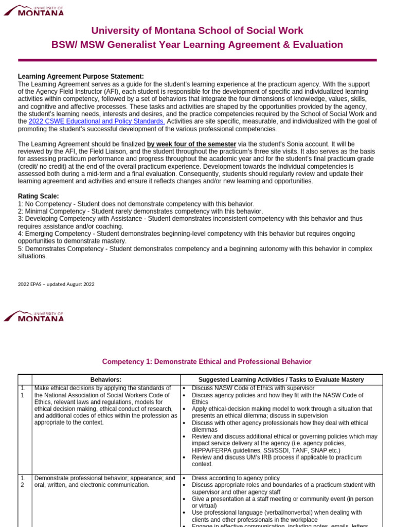 BSW - MSW Generalist Year Learning Agreement EPAS 2022 | PDF | Evidence Based Practice | Evaluation