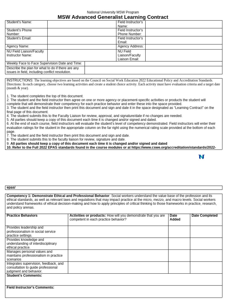 MSW Advanced Generalist Learning Contract EPS 2022 1 1 | PDF | Social Work | Policy