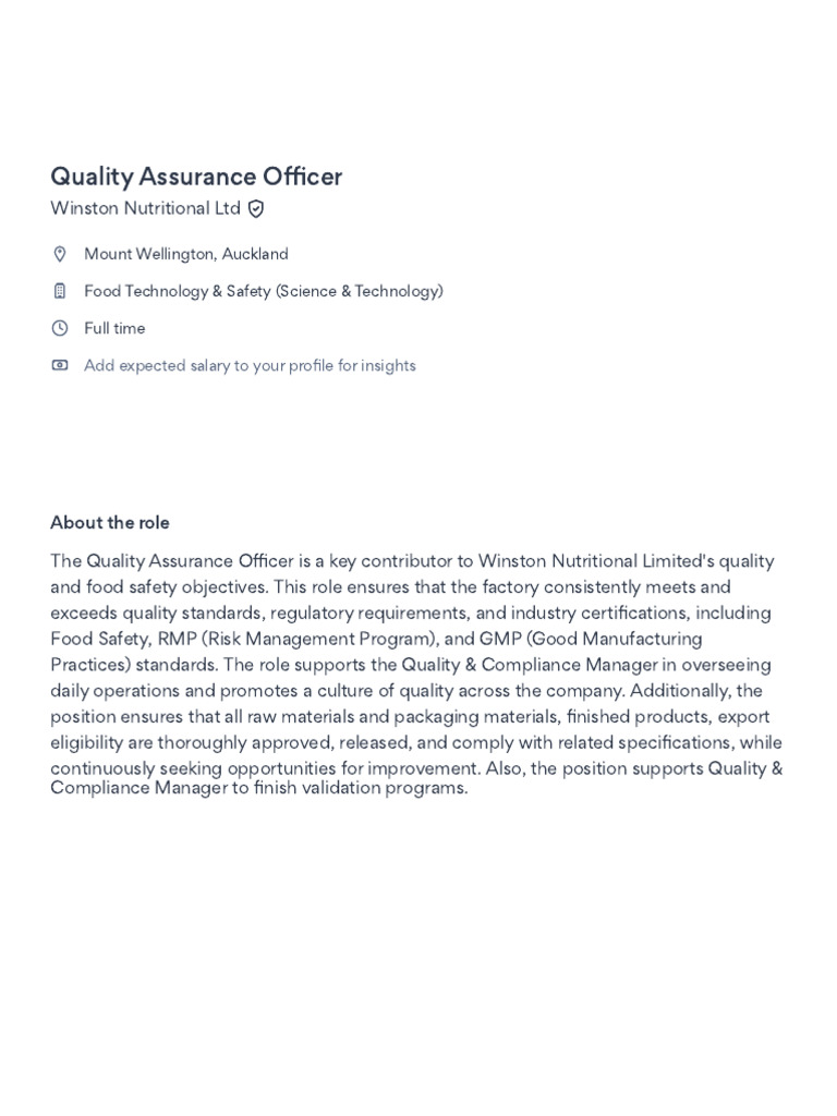 Quality Assurance Officer at Winston Nutritional | PDF | Quality ...
