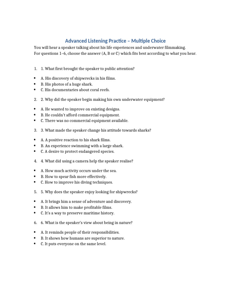 Advanced Listening Underwater Filmmaking Multiple Choice | PDF
