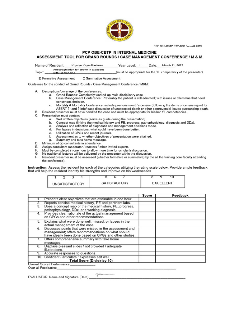 Internal Medicine Grand Rounds Assessment Form | PDF | Health Care ...