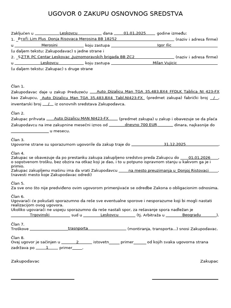 Ugovor o Zakupu Osnovnog Sredstva | PDF