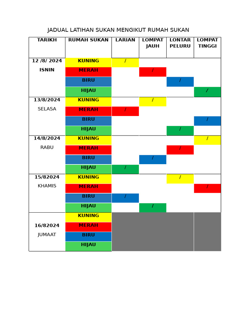 JADUAL LATIHAN SUKAN MENGIKUT RUMAH SUKAN - Copy | PDF