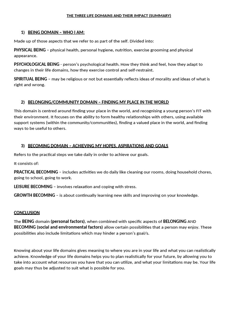 GR 10 Life Domains and Their Impact Hand-Out FINAL | PDF