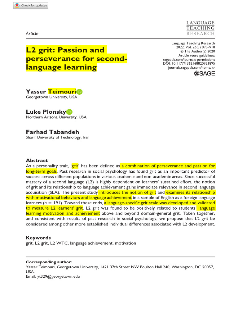 L2 Grit Passion and Perseverance For Second-Language Learning | PDF | Grit (Personality Trait ...