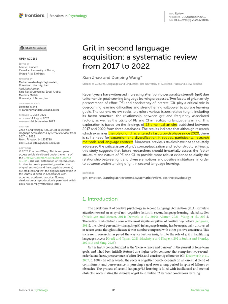 Grit in Second Language Acquisition A Systematic Review From 2017 To ...