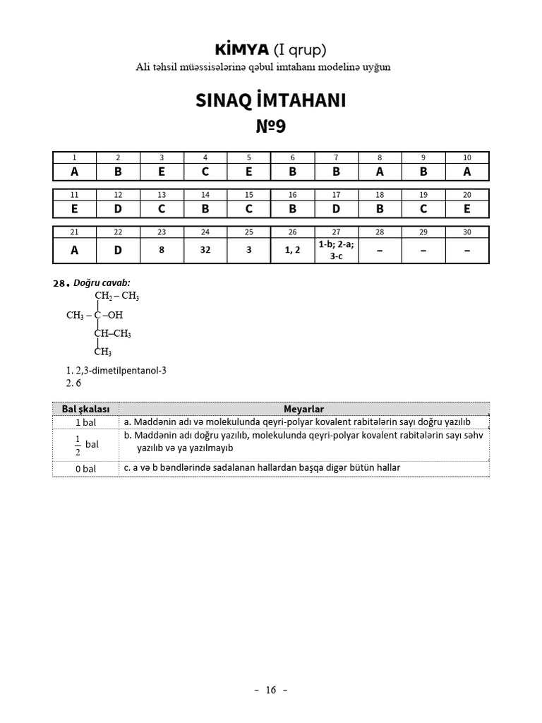 Kimya Qrup 1 AZ Sinaq 9 | PDF