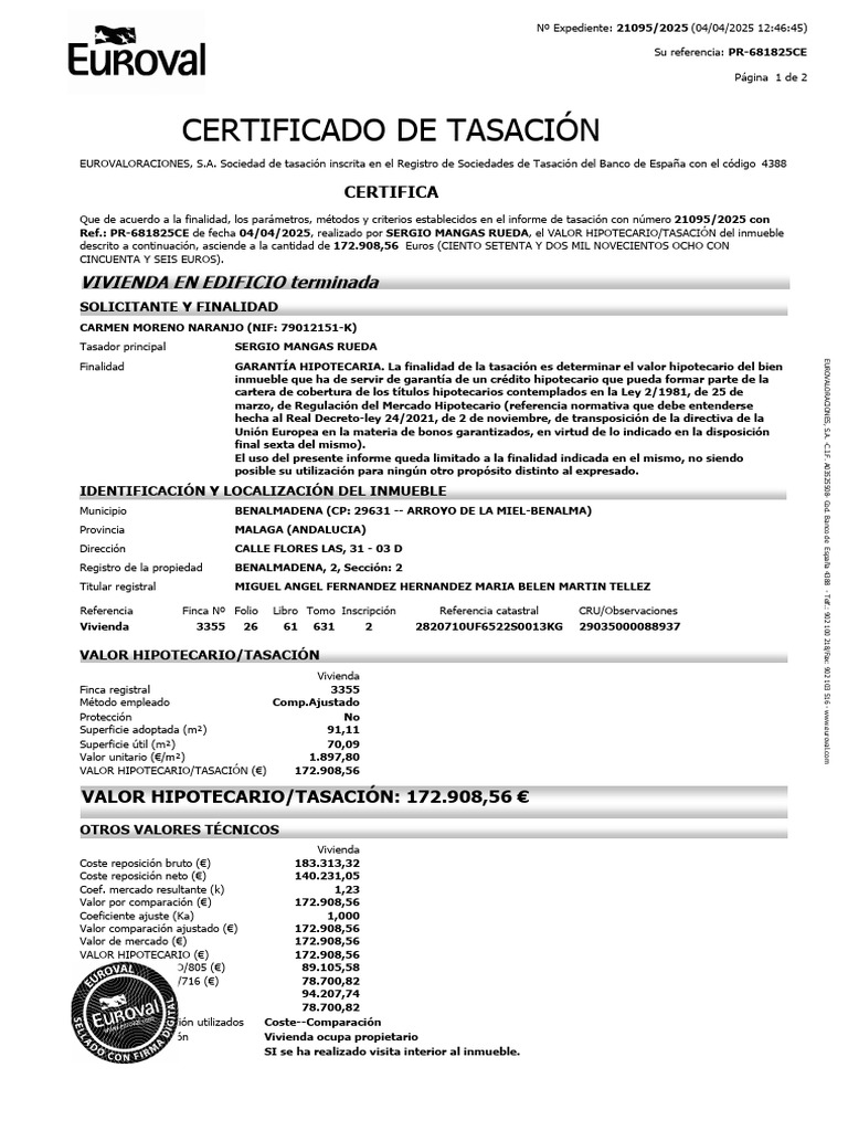 Certificado de Tasación Inmueble Benalmádena | PDF | Valoración ...