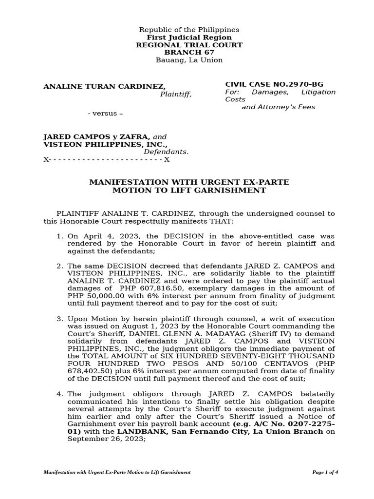 Urgent Ex-Parte Motion To Lift Garnishment Re Cardinez VS Zafra Case For Damages | PDF | Lawsuit ...