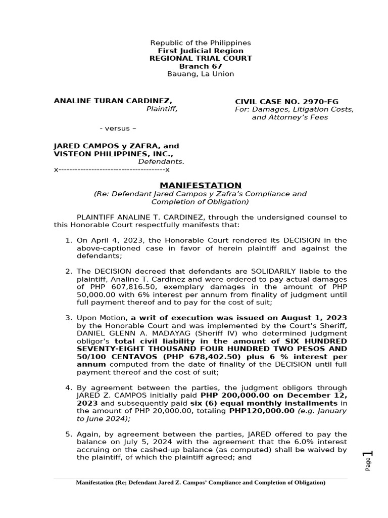 MANIFESTATION Re Defendant Jared Campos Zafra S Compliance and ...