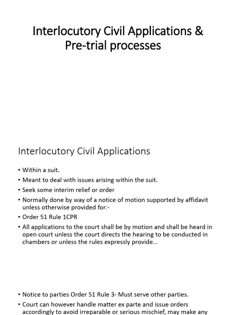 Interlocutory Civil Applications & Pre-Trial Processes | PDF | Discovery (Law) | Interrogatories