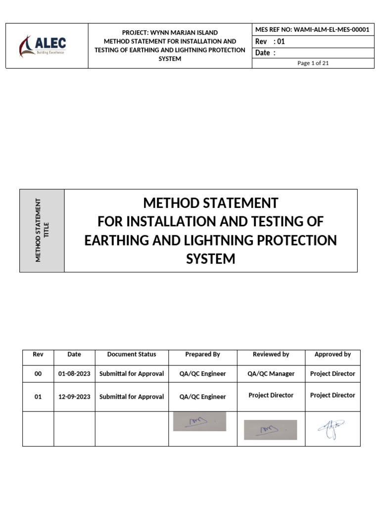 Method Statement For Installation and Testing of Earthing and Lightning ...