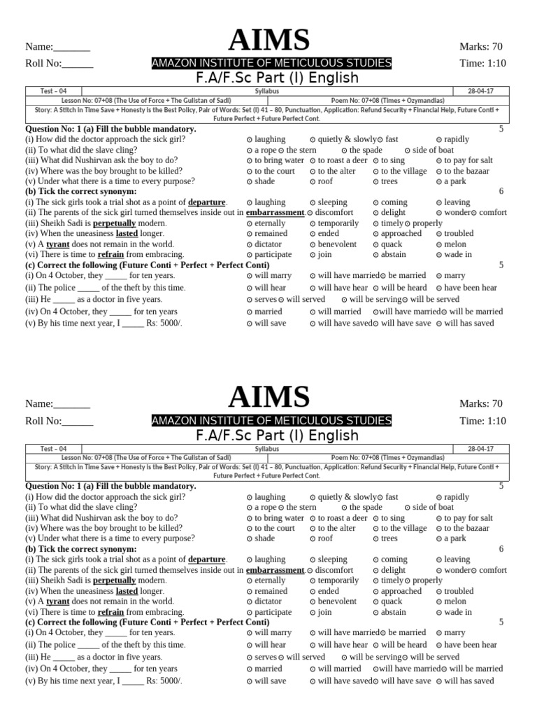 F.A F.SC Part (I) Test Test No 4 | PDF