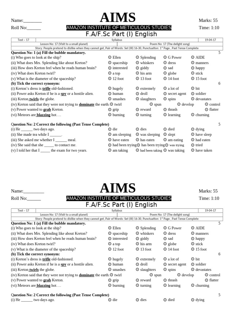 F.A F.SC Part (I) Test No 17 | PDF
