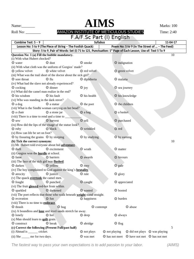 F.A F.SC Part (I) Combine Test No 5 To 9 | PDF