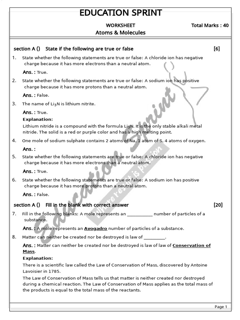 Atoms and Molecules Worksheet Answers | PDF | Ion | Mole (Unit)