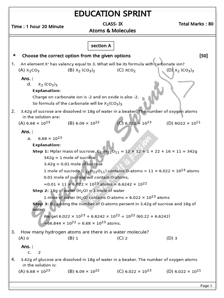 Chemistry Quiz: Atoms & Molecules Concepts | PDF | Chemical Compounds | Ion