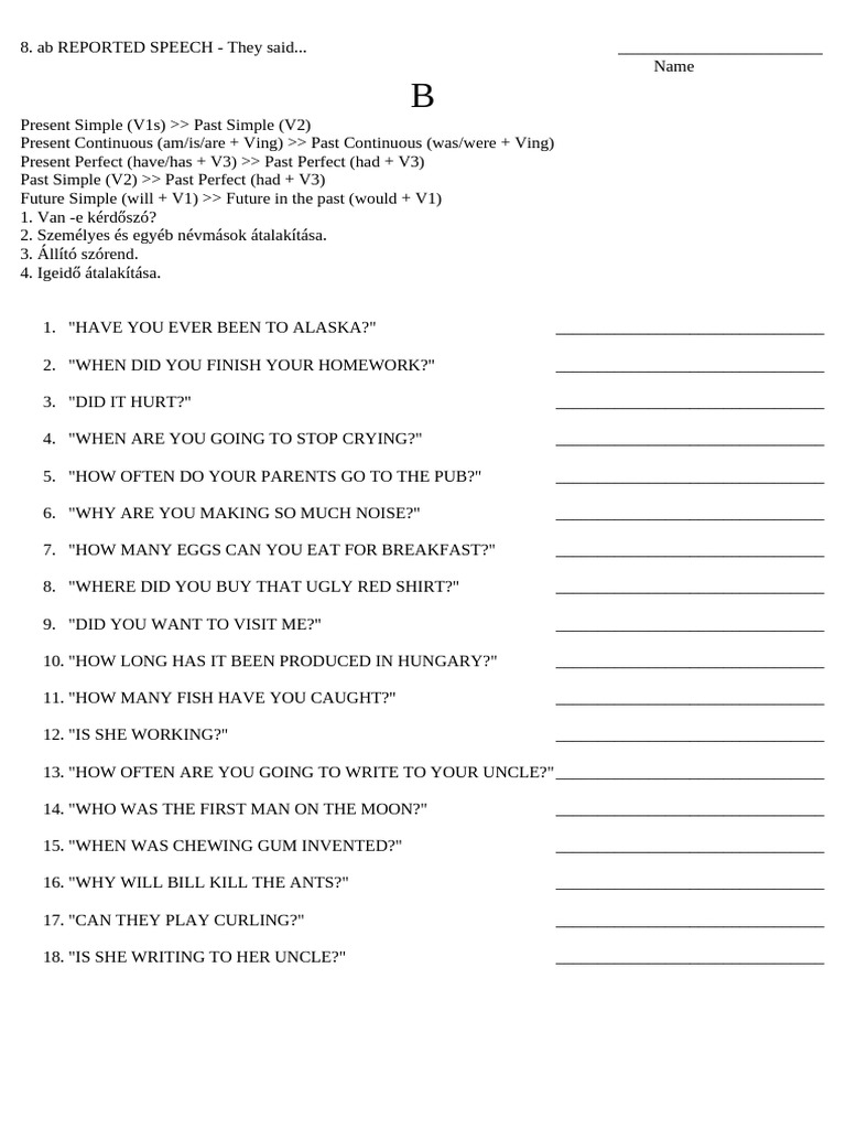 REPORTED SPEECH test 2 groups | PDF