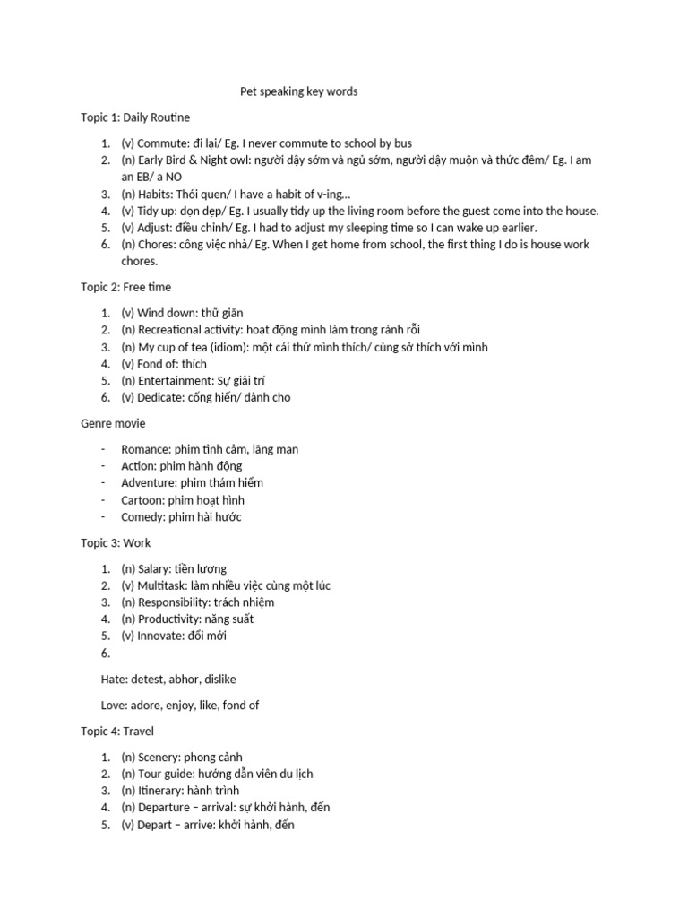 Pet Speaking Key Words | PDF