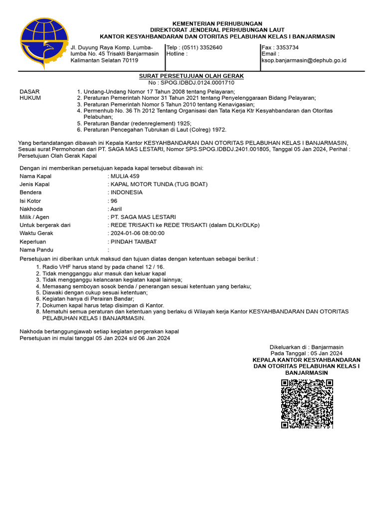 Persetujuan Olah Gerak Kapal MULIA 459 | PDF