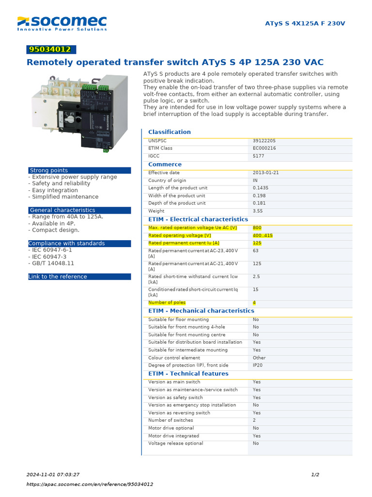 Socomec - ATyS S 4X125A F 230V | PDF | Switch | Mains Electricity