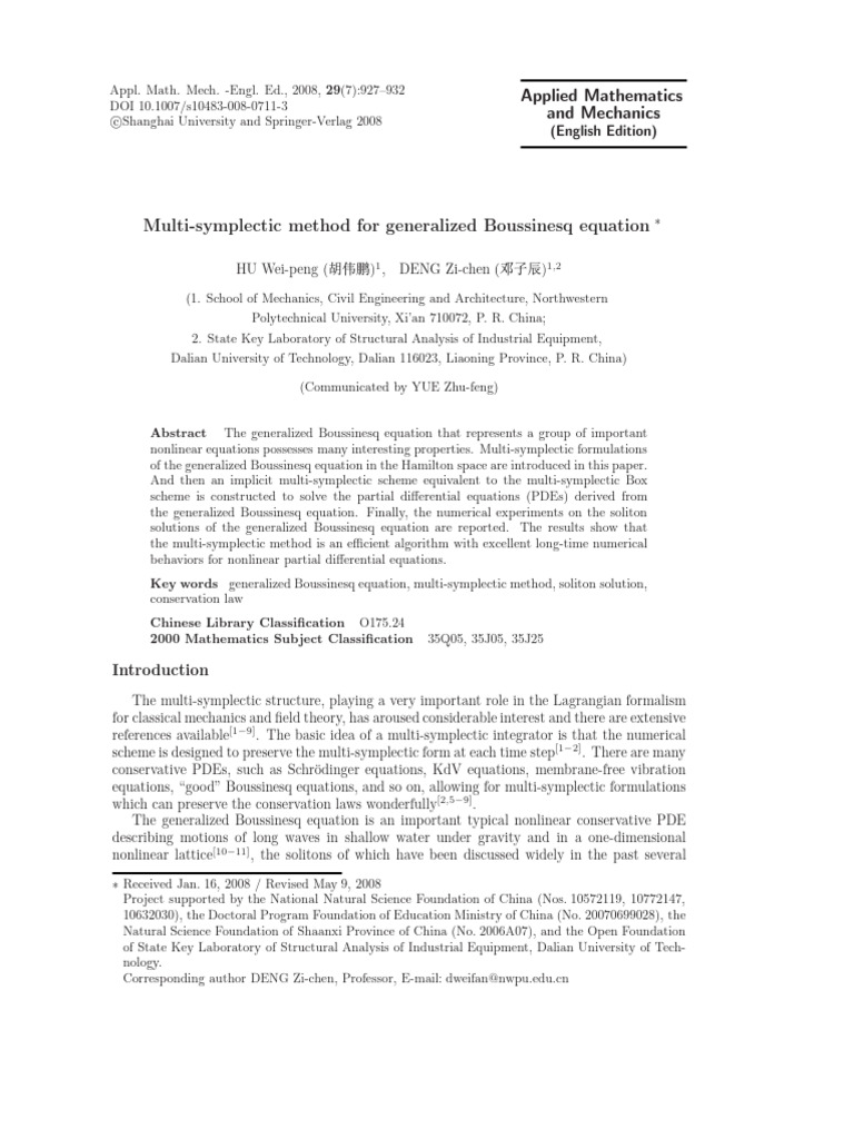 Hu Deng 2008 Multi Symplectic Method For Generalized Boussinesq Equation Pdf Partial