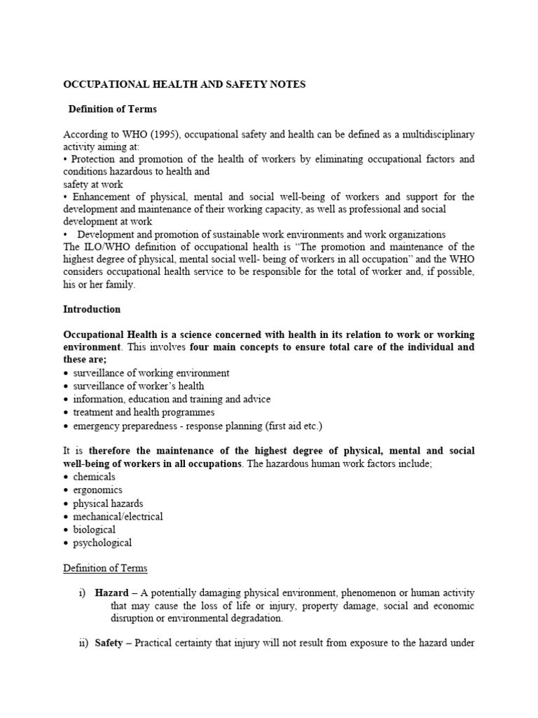 Occupational Health and Safety Notes | PDF | Occupational Safety And ...
