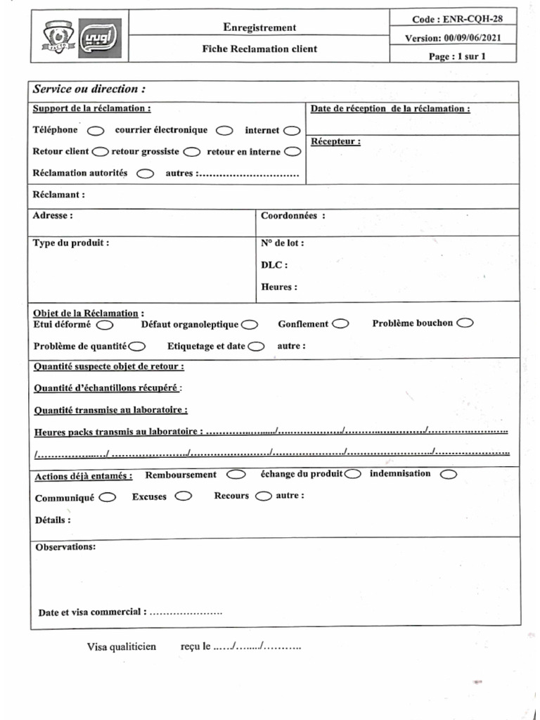 Fiche Réclamation | PDF