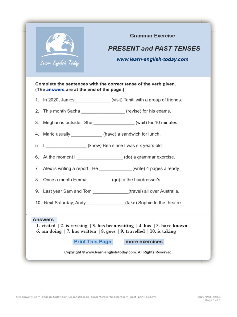 PRESENT and PAST TENSES - Printable Exercise | Learn English Today | PDF