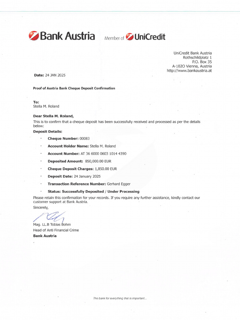 Proof of Austria Bank Cheque Deposit Confirmation | PDF