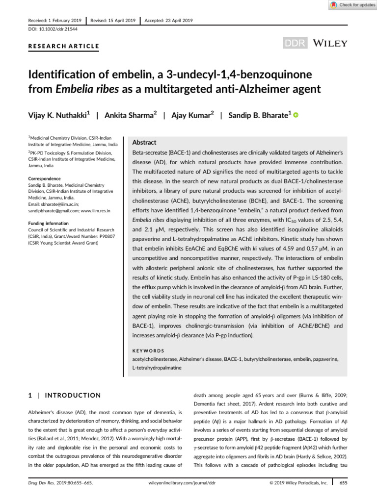 Drug Development Research - 2019 - Nuthakki - Identification of Embelin ...