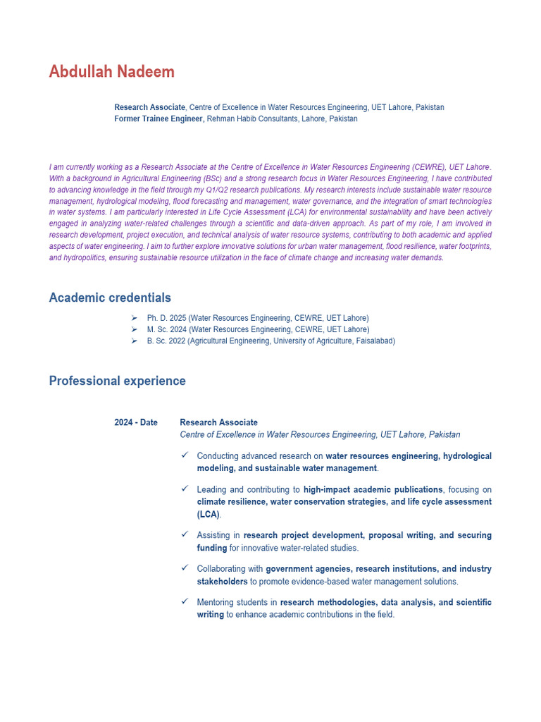 Abdullah Nadeem CV - 1 | PDF | Hydrology | Flood