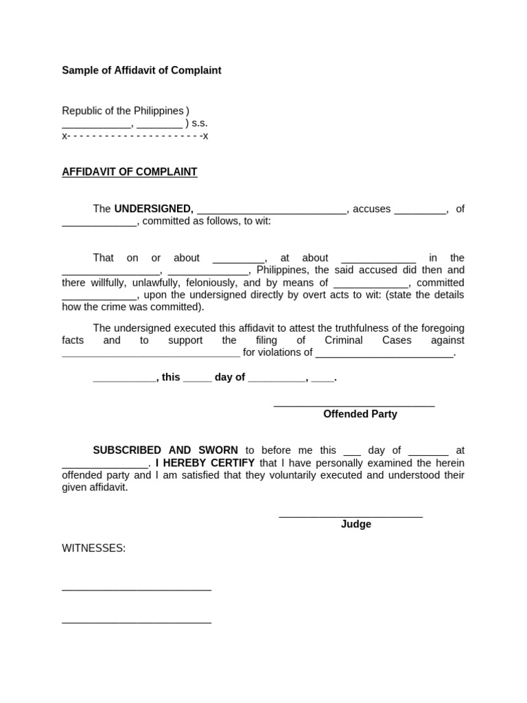 Affidavit of Complaint Template | PDF