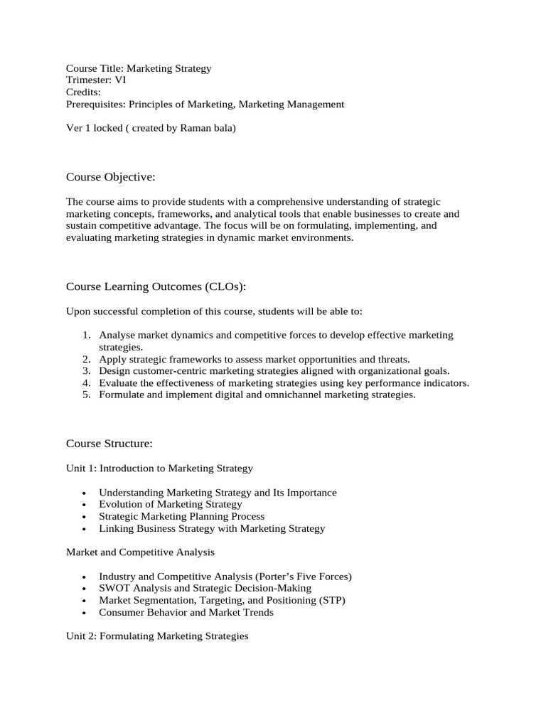 Marketing Strategy Course Outline | PDF | Marketing Strategy | Marketing