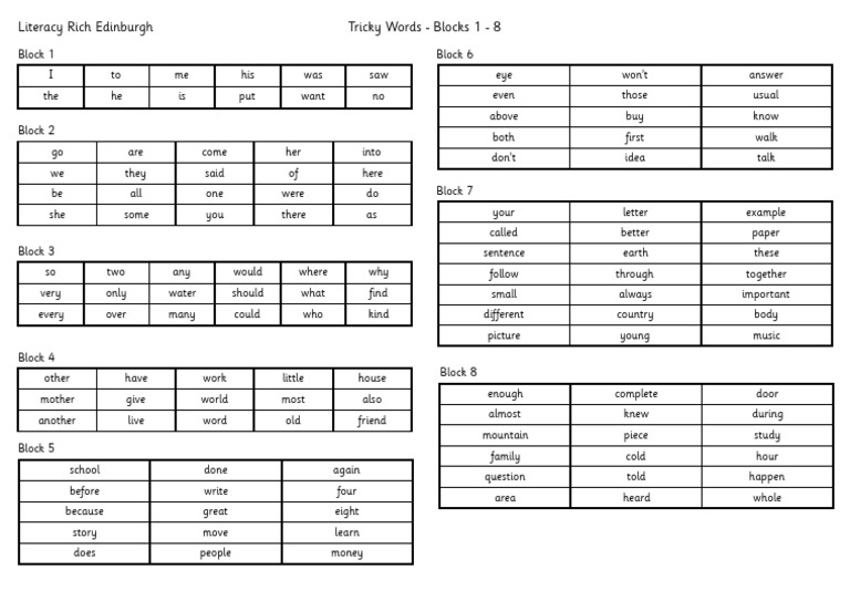 Tricky Words for Literacy Blocks 1-8 | PDF