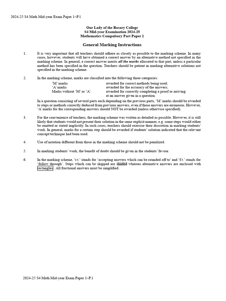 S4 Maths Mid-Yr Exam Paper 1 Solution 2024-25 | PDF | Question ...