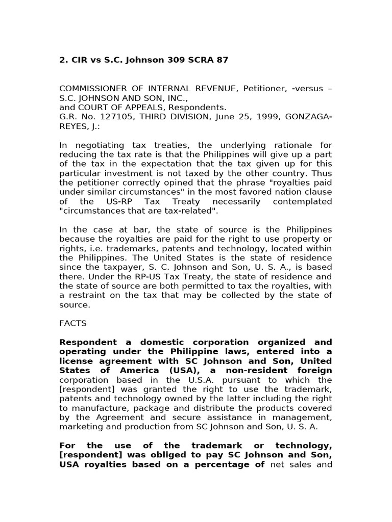 Tax Treaty Dispute: CIR vs S.C. Johnson | PDF | Double Taxation | Taxes