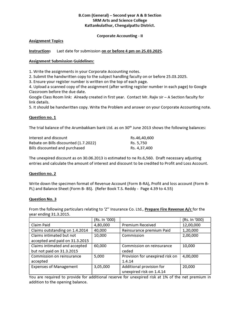 Assignment - Corporate Accounting - II, BCom (Gen) - B II Yr | PDF | Insurance | Reinsurance