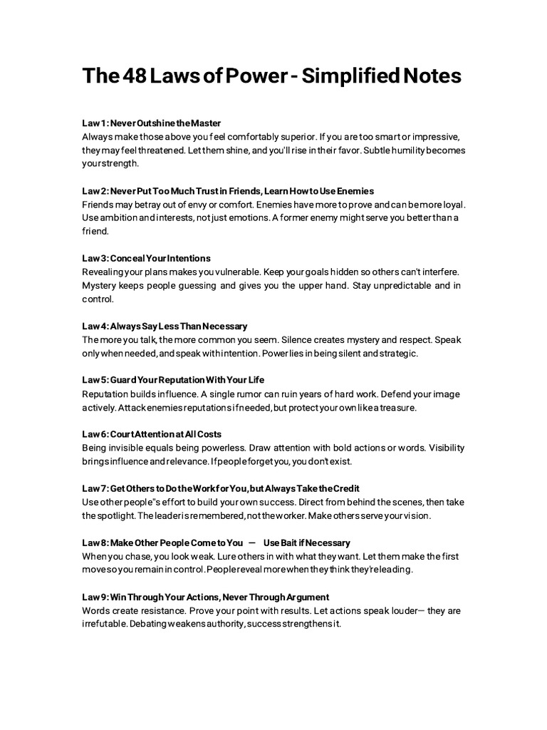 Simplified Notes on the 48 Laws of Power | PDF