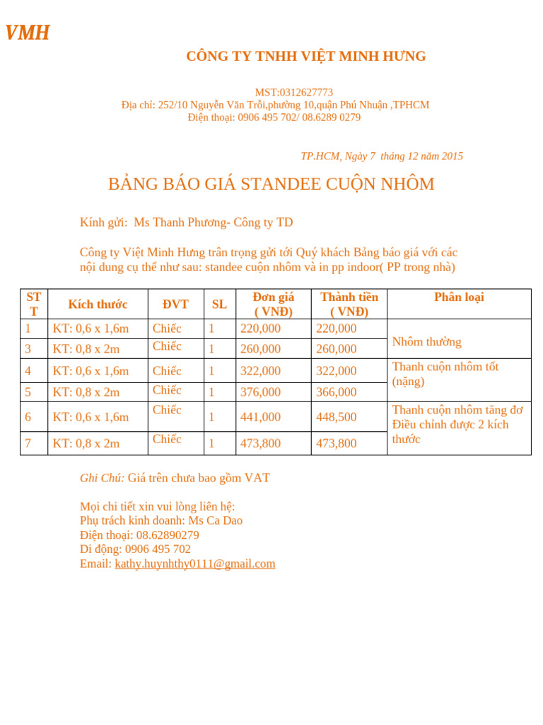 BAO GIA STANDEE CUON NHOM CAC LOAI- CTY VIET MINH HUNG | PDF