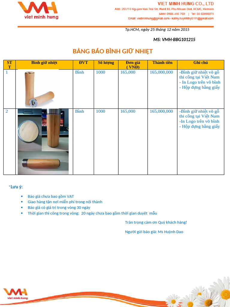 BÁO GIÁ BÌNH GIỮ NHIỆT- CTY VIET MINH HUNG | PDF