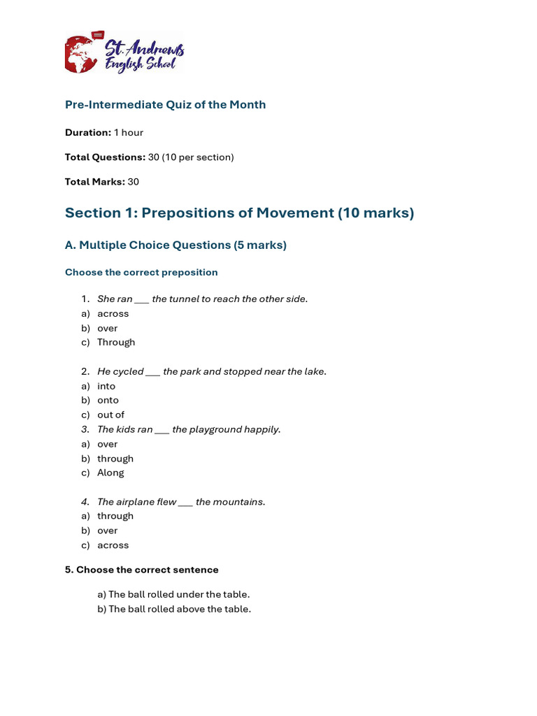 Pre-Intermediate English Quiz: 30 Questions | PDF | Syntax | Grammar