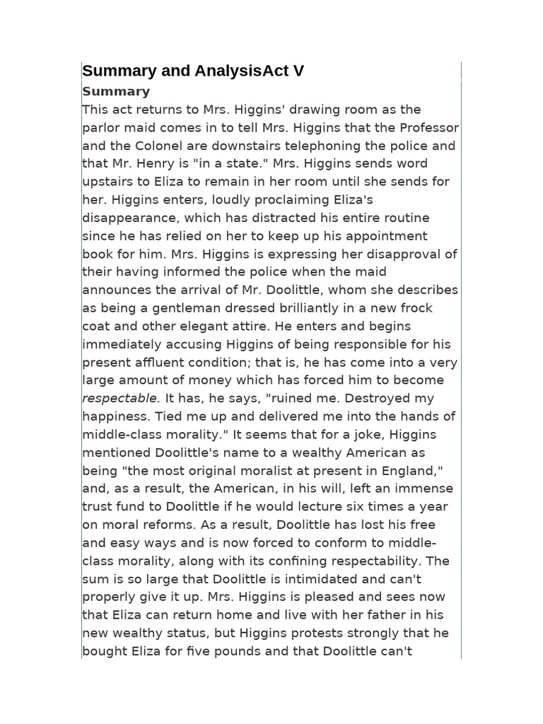 Act V Summary and Analysis of Eliza's Transformation | PDF