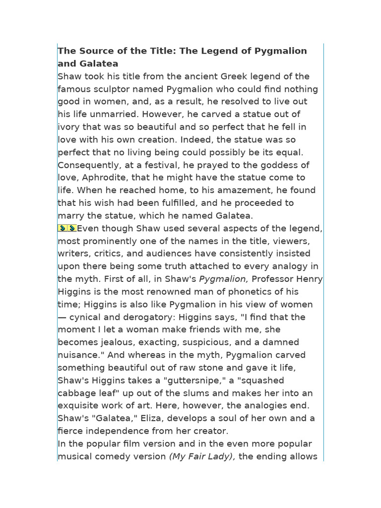 The Source of The Title The Legend of Pygmalion and Galatea | PDF ...